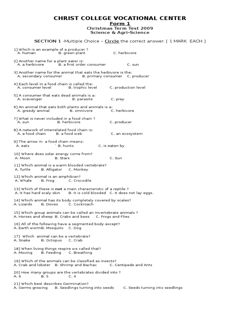 Form 1 Science Quiz on Food Chains | PDF | Wellness | Technology ...