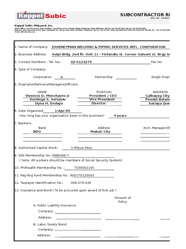 FO-R23-001_R2 Subcontractor Registration Form | Business | Private Law