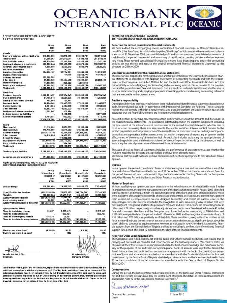 Oceanic Bank International PLC - Revised Financial Statement For The 15 ...