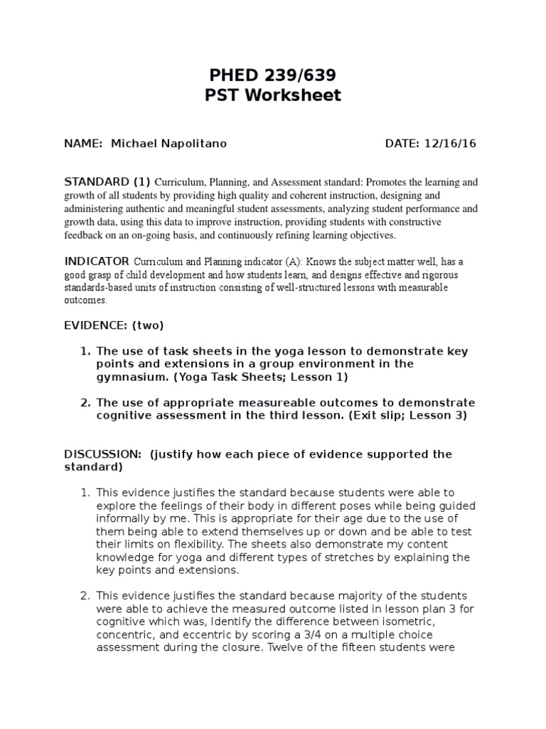 PHED 239/639 PST Worksheet | PDF | Educational Assessment | Neuropsychology