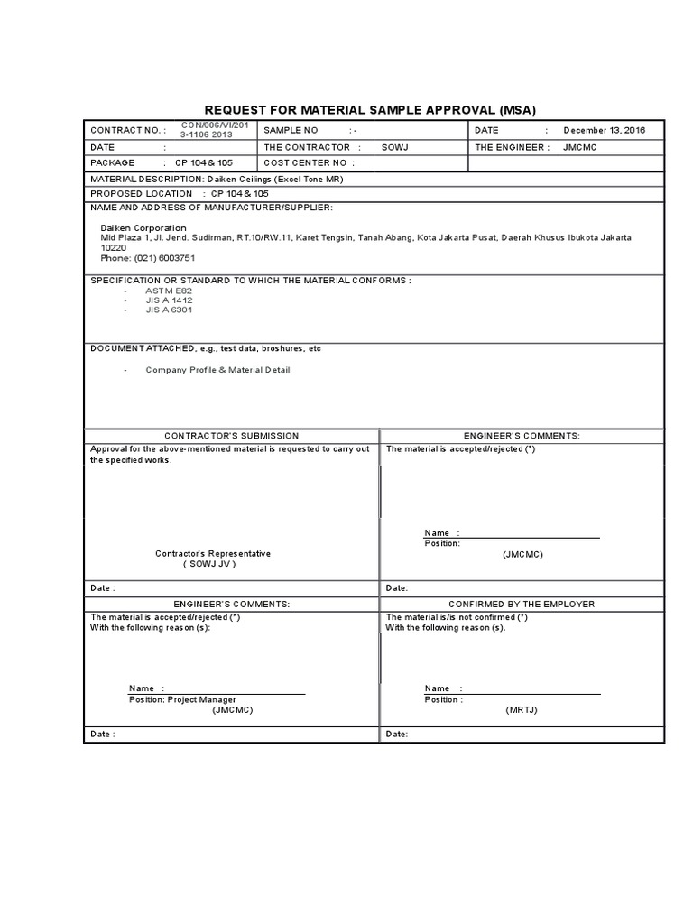 Request For Material Sample Approval (Msa) : Daiken Corporation | PDF ...