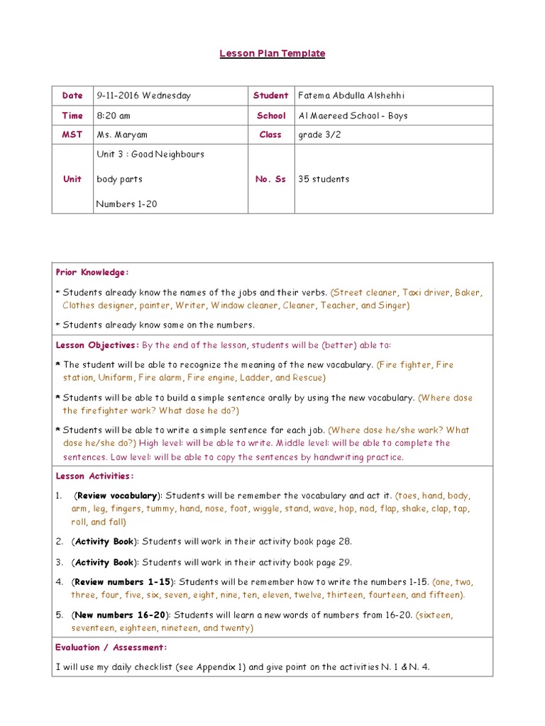 Date Student Time School MST Class: Lesson Plan Template | Download ...