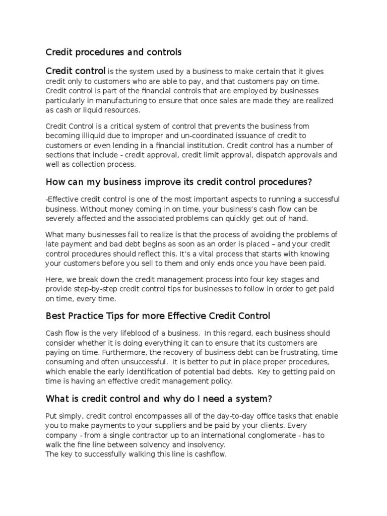Credit Procedures and Controls | PDF | Credit (Finance) | Banks