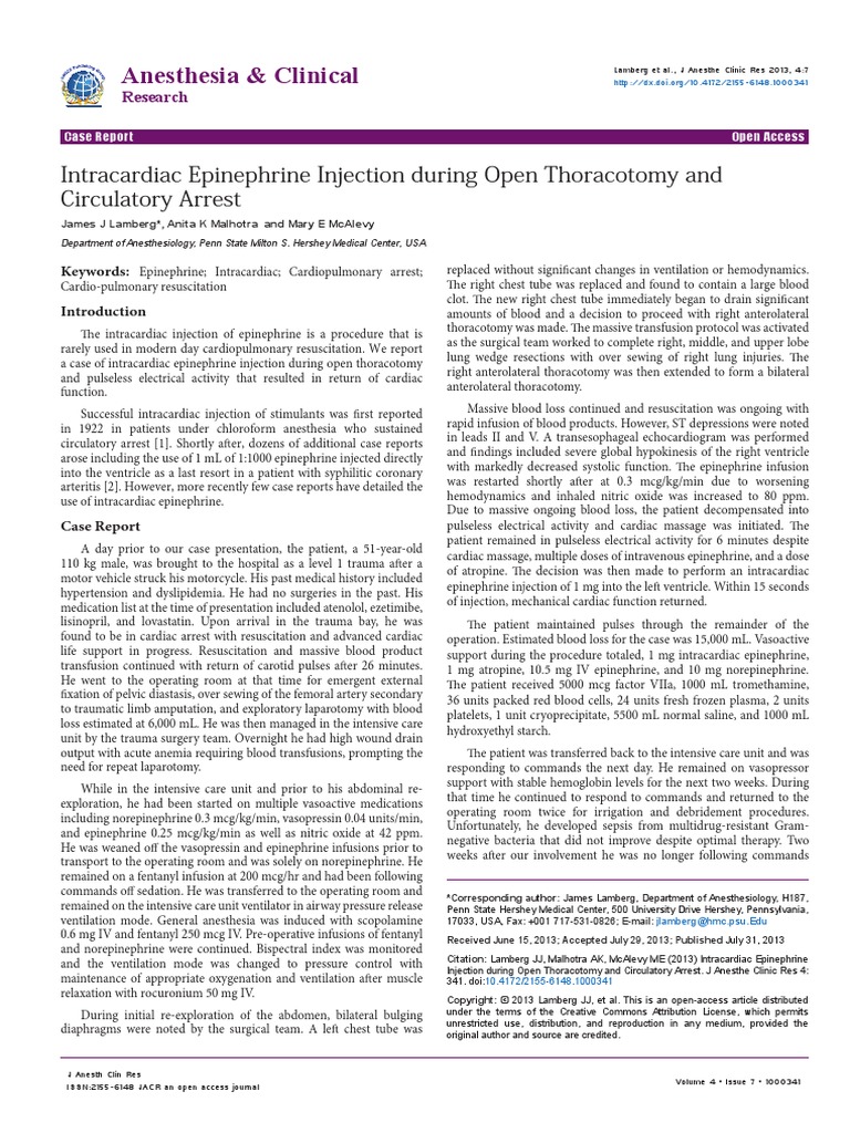 Intracardiac Epinephrine Injection During Open Thoracotomy and ...