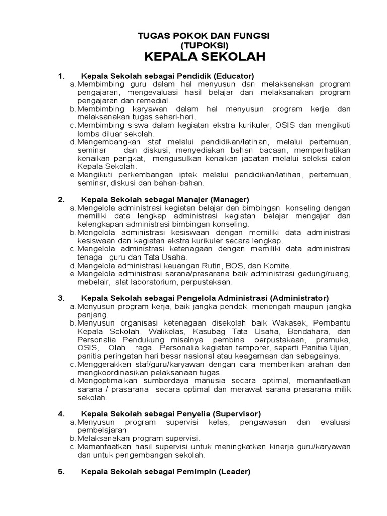 Contoh Tupoksi Kepala Sekolah, Wakasek, PKS Kurikulum | PDF