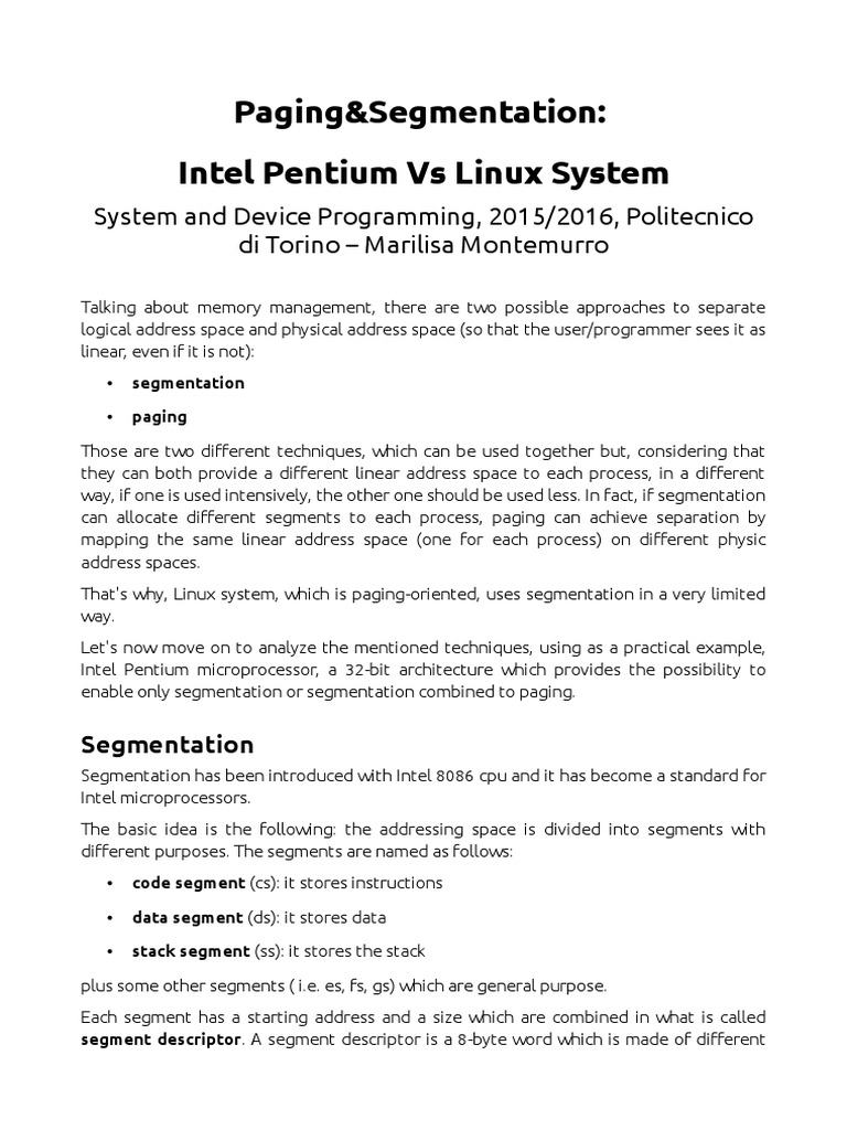 Comparing Memory Management Techniques: Segmentation in Intel Pentium Microprocessors vs Paging ...