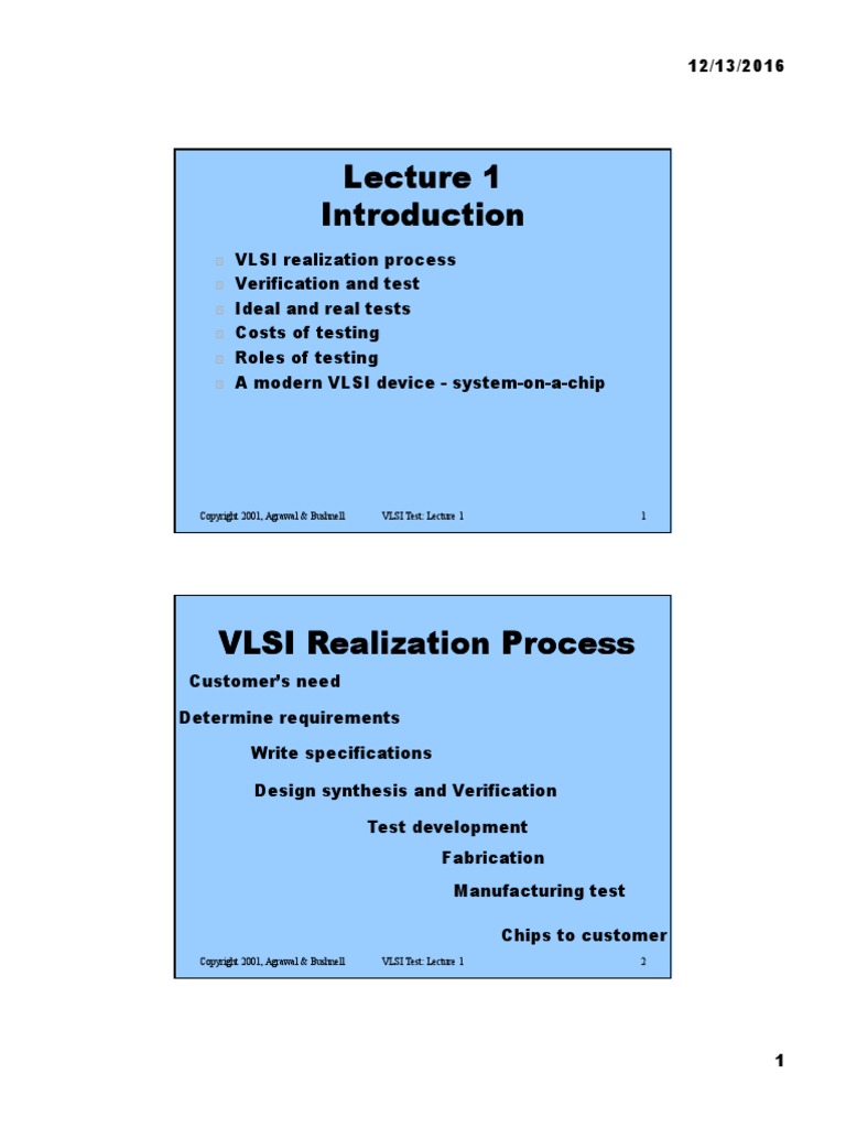 VLSI Test: Lecture 1 1 | PDF | Verification And Validation | Integrated ...