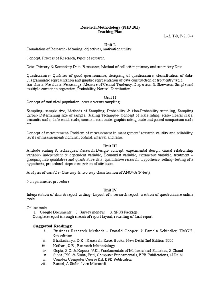 Research Methodology (PHD 101) Teaching Plan: Suggested Readings | PDF