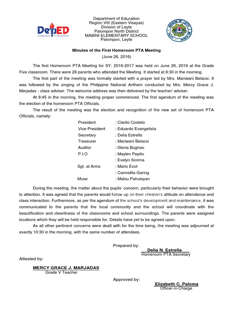 Minutes of PTA Meetings (2016-2017) 2 | PDF | Schools | Educational ...
