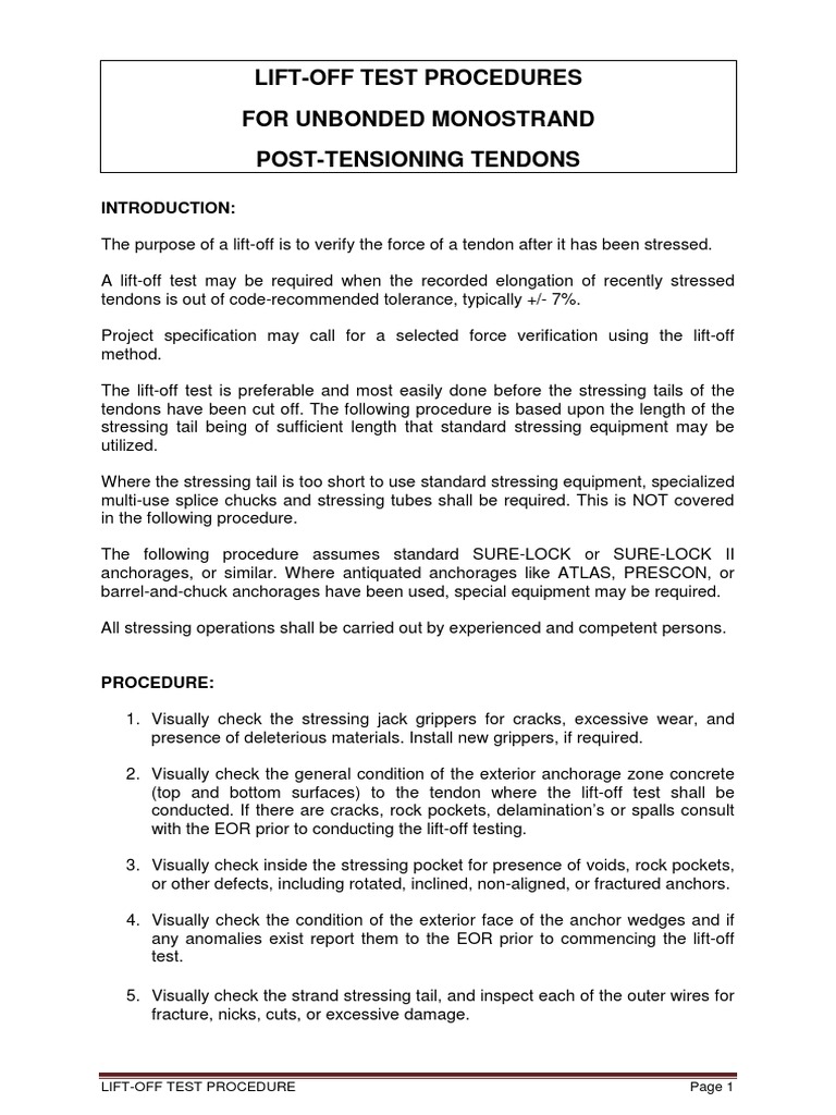Lift-Off Test Procedure for Tendons | PDF