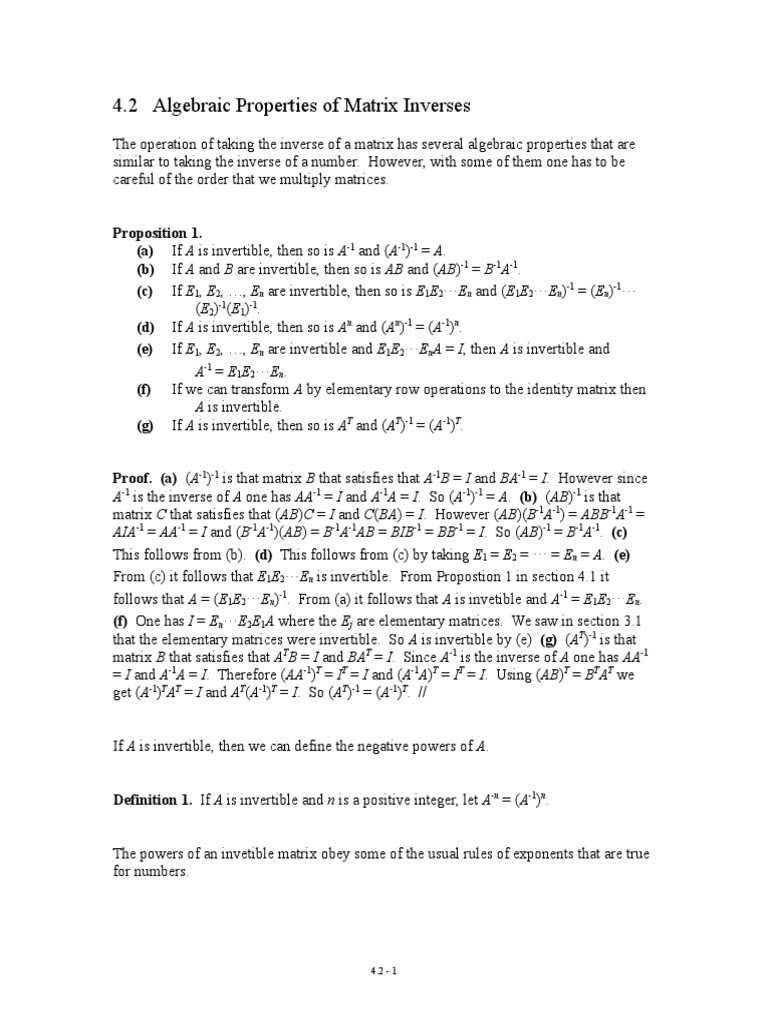 4.2 Algebraic Properties of Inverses | PDF | Matrix (Mathematics ...