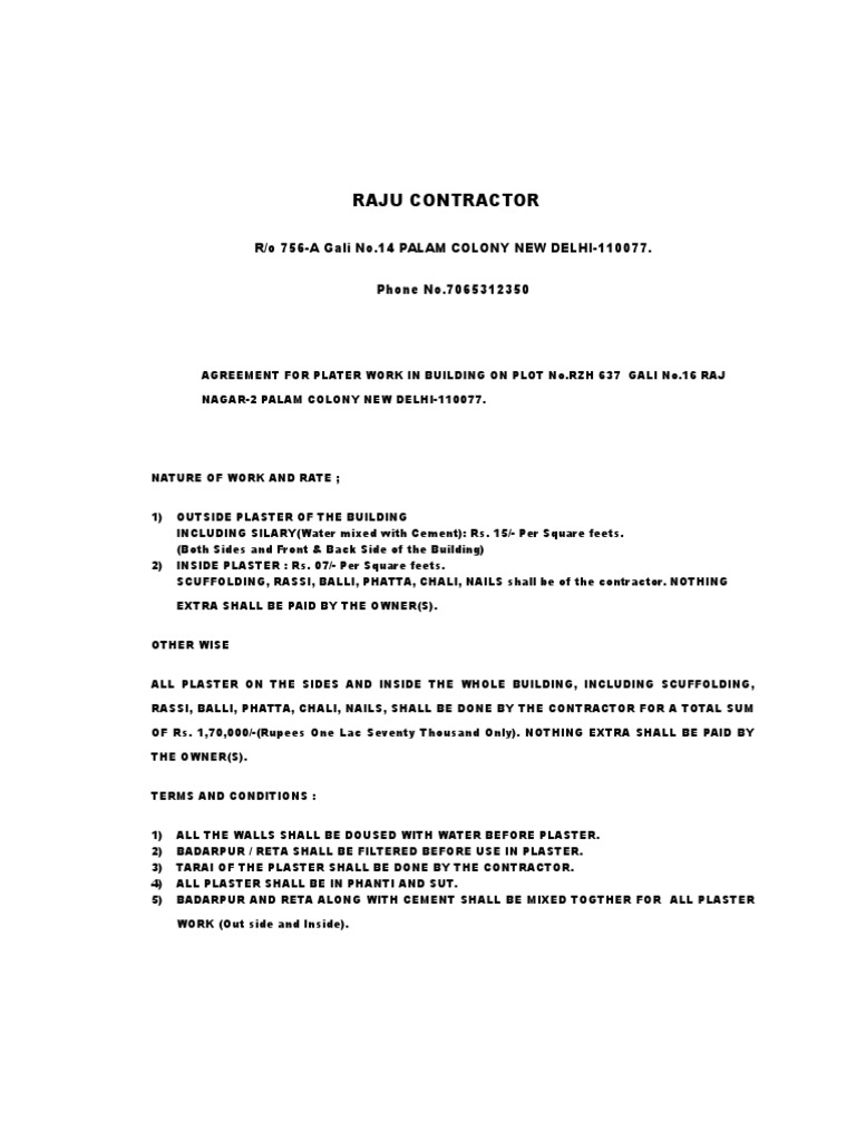 Plaster Agreement