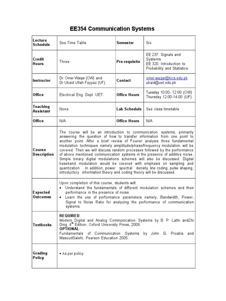 An Introduction To Communication Systems A Course Outline Covering Fundamental Modulation