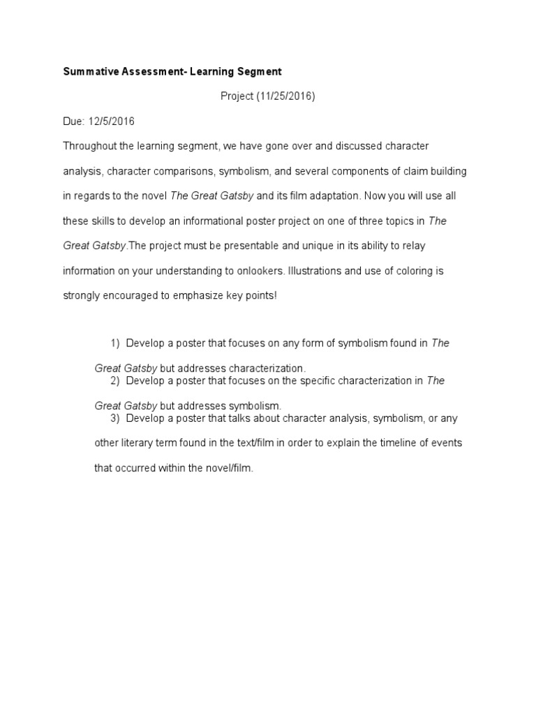 Summative Assessment-Learning Segment: Great Gatsby - The Project Must ...