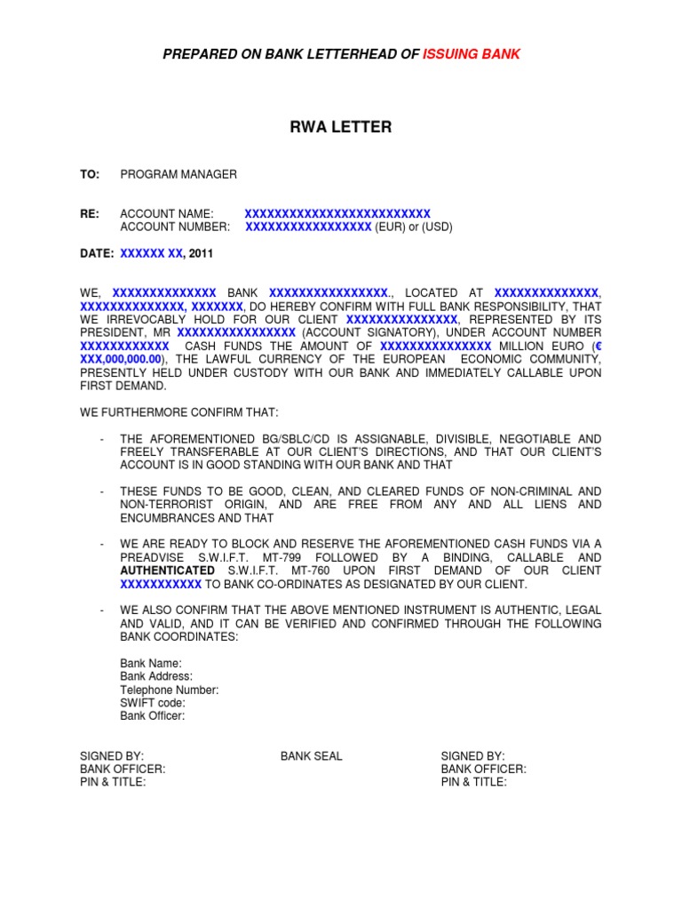 Rwa Letter: Prepared On Bank Letterhead of | PDF | Finance & Money ...