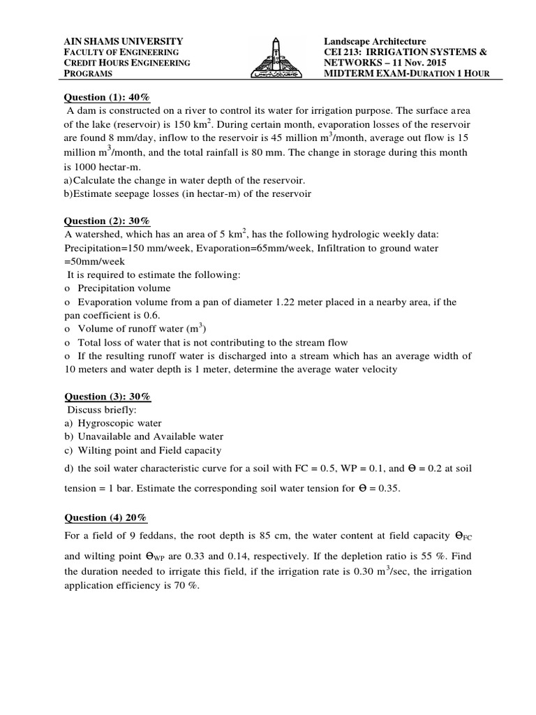 Irrigation Systems Midterm Exam Guide | PDF