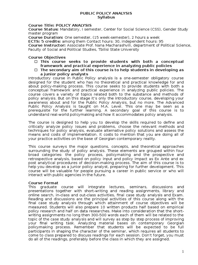 Public Policy Analysis. Course Syllabus | PDF | Policy Analysis | Analysis