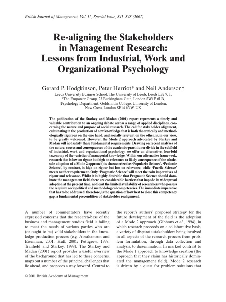 Hodgkinson, 2001, Realigning The Stakeholders in Management | PDF ...