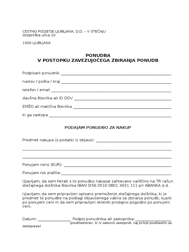 Ponudba Zavezujoče Zbiranje Ponudb Obrazec | PDF