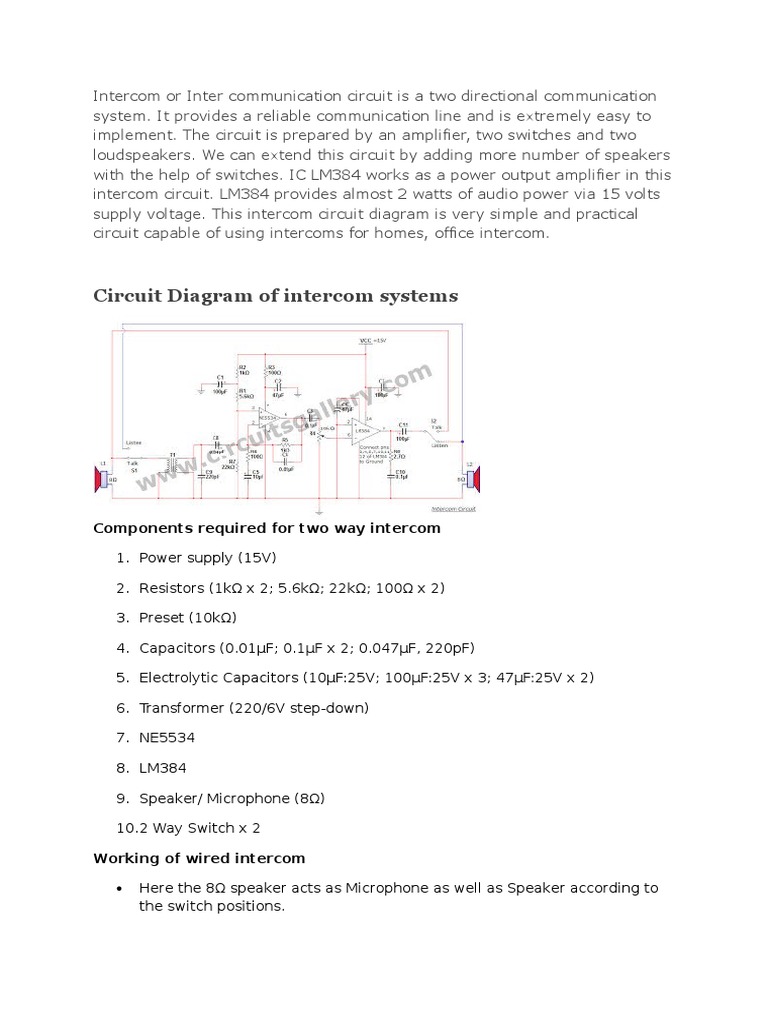 Circuit Diagram of Intercom Systems: Components Required For Two Way ...