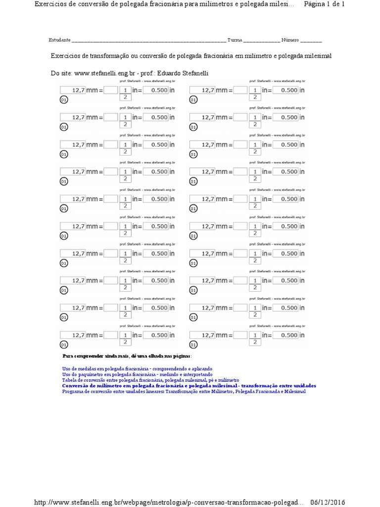 Exercícios de transformação ou conversão de polegada fracionária em ...