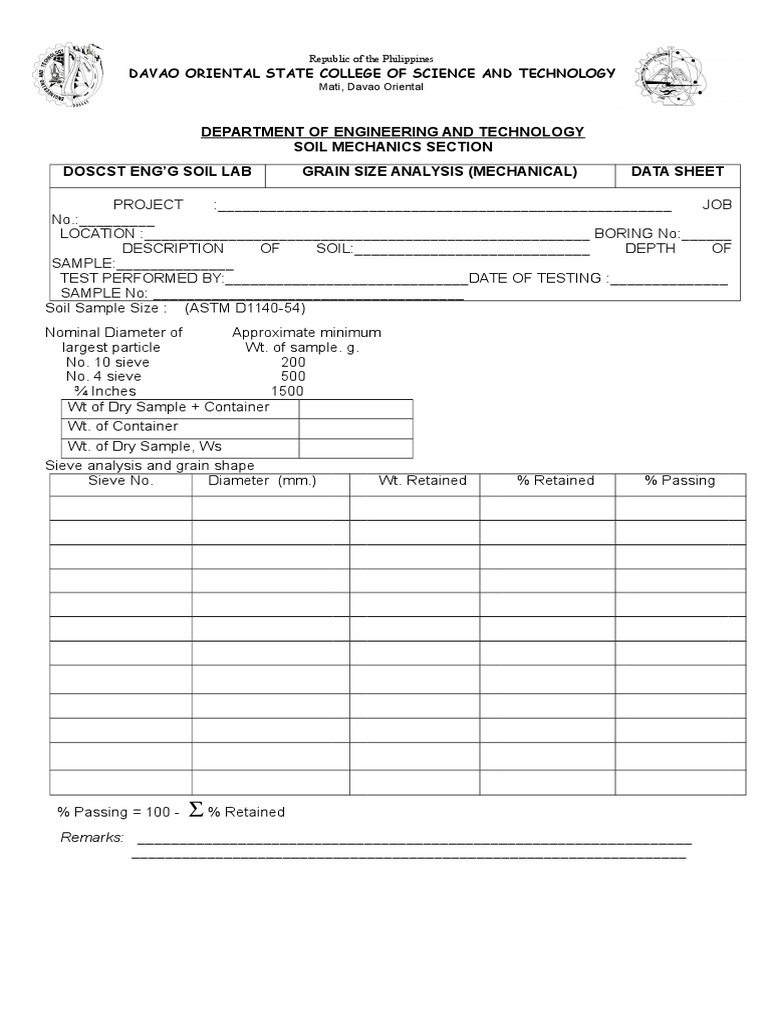 Grain Size Analysis Data Sheet | PDF