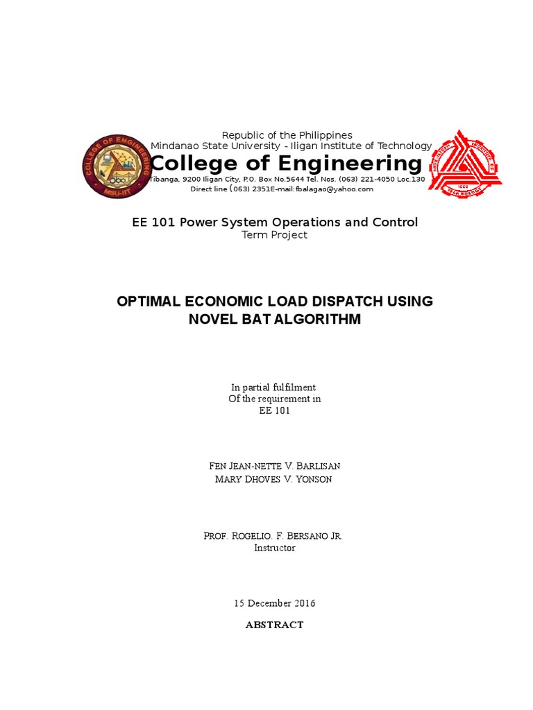 College of Engineering: Optimal Economic Load Dispatch Using Novel Bat Algorithm | PDF ...