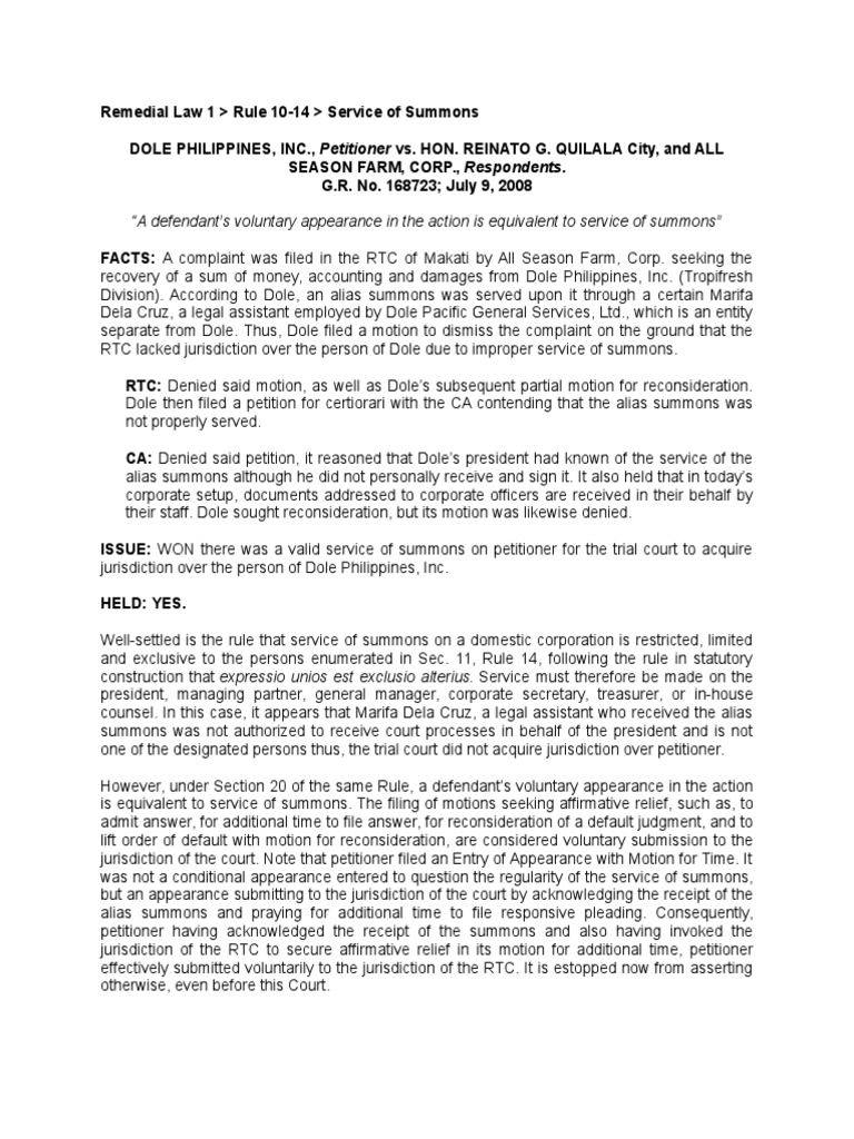 (Rule 10-14) Dole Philippines v. Quilala | PDF | Summons | Complaint