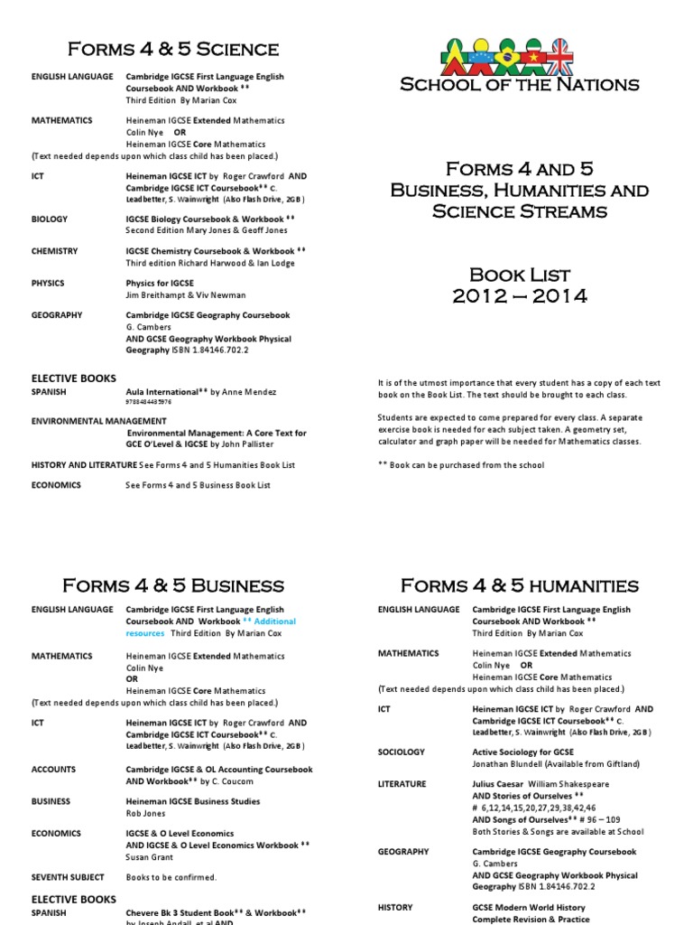 Book List - Form 4 and 5 | Textbook | Schools