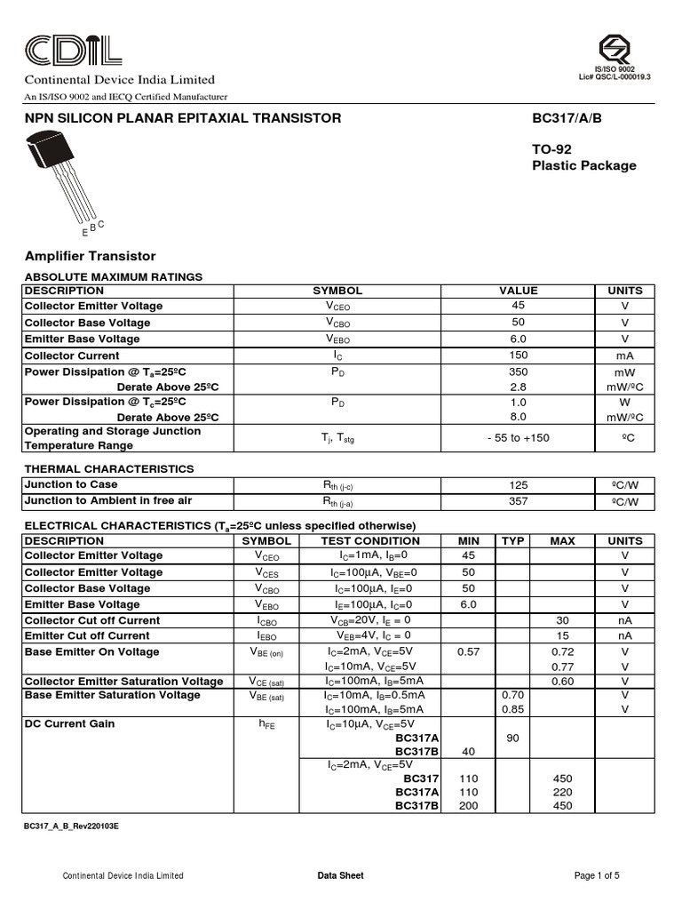 NPN Silicon Planar Epitaxial Transistor BC317/A/B TO-92 Plastic Package | PDF | Bipolar Junction ...