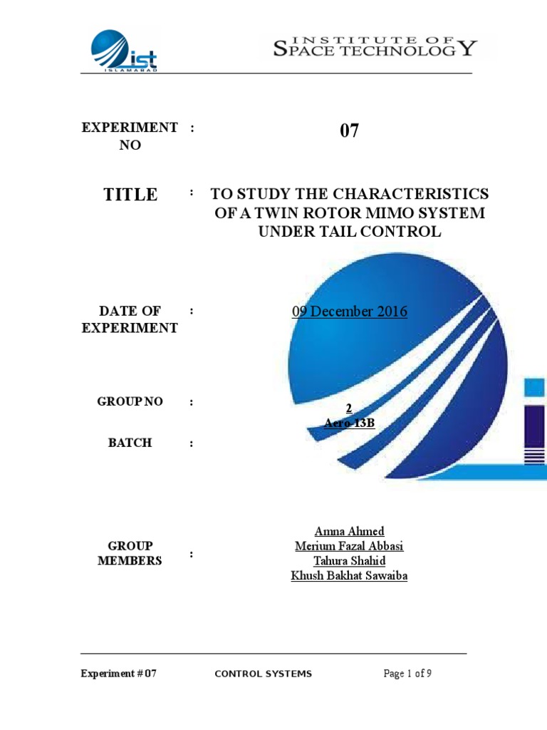 Exp07 Twin Rotor Tail Matlab | PDF | Helicopter Rotor | Helicopter