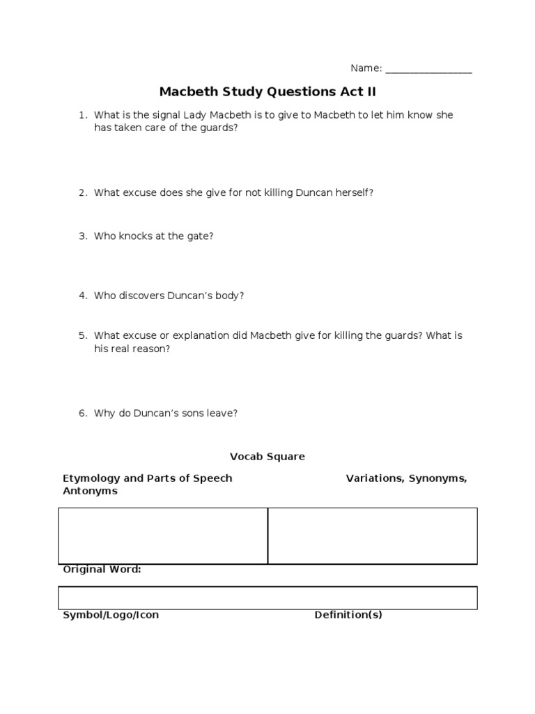 Macbeth Act II Study Questions | PDF