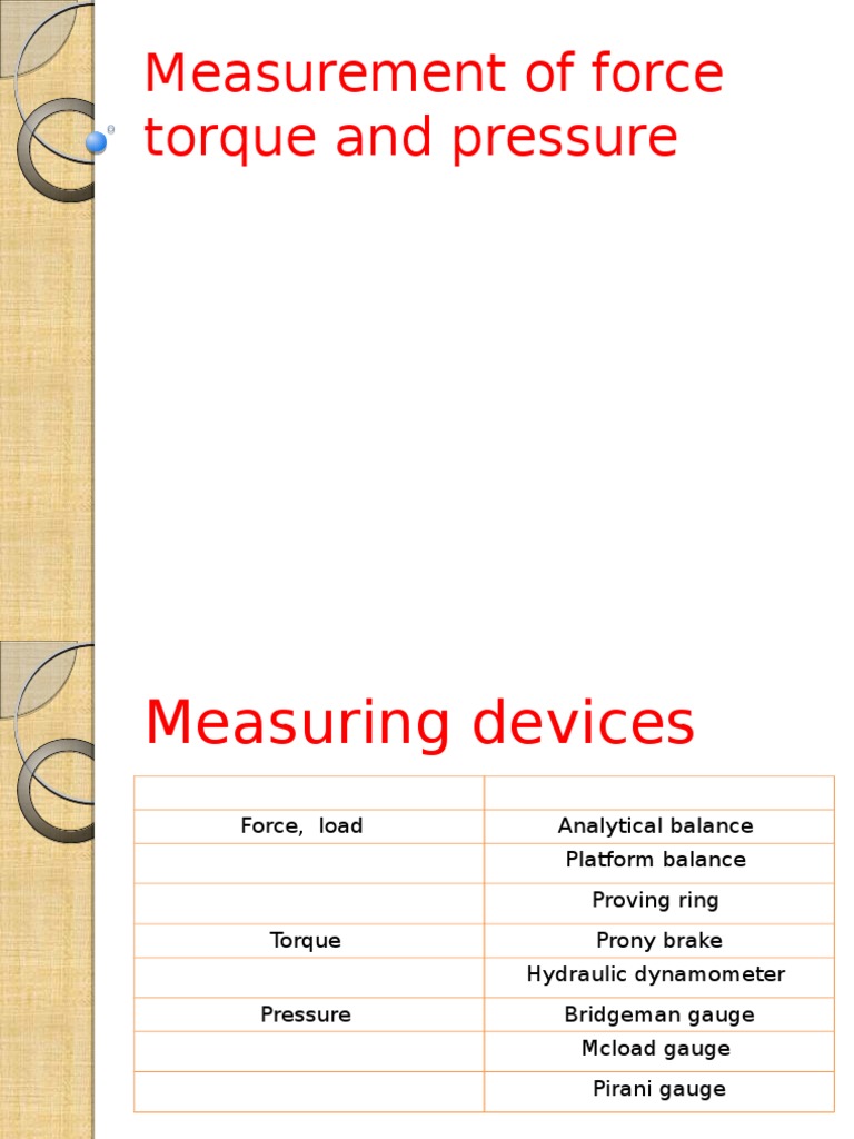 Measurement of Force Torque and Pressure | PDF | Weighing Scale | Torque