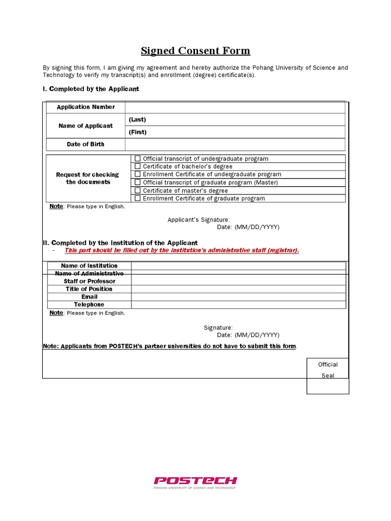 Signed Consent Form: I. Completed by The Applicant | PDF