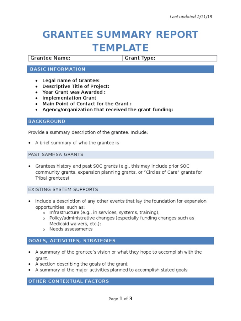 Grantee Summary Report Template | PDF | Grant (Money) | Governance