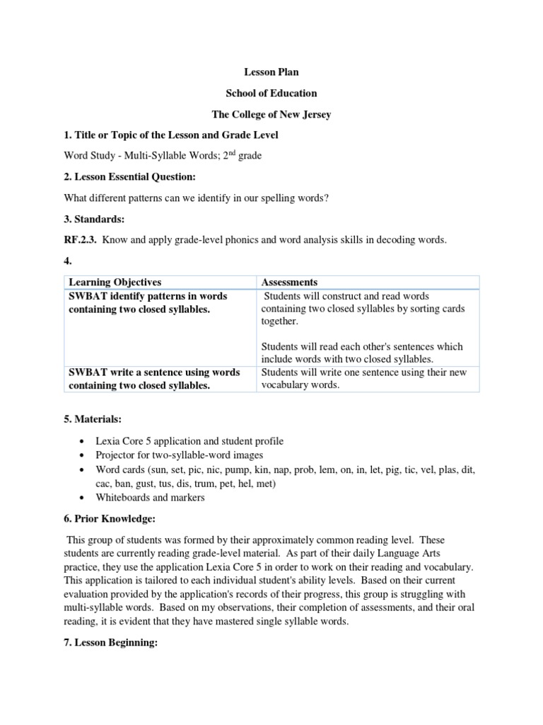 Word Study Lesson Plan | PDF | Syllable | Reading (Process)