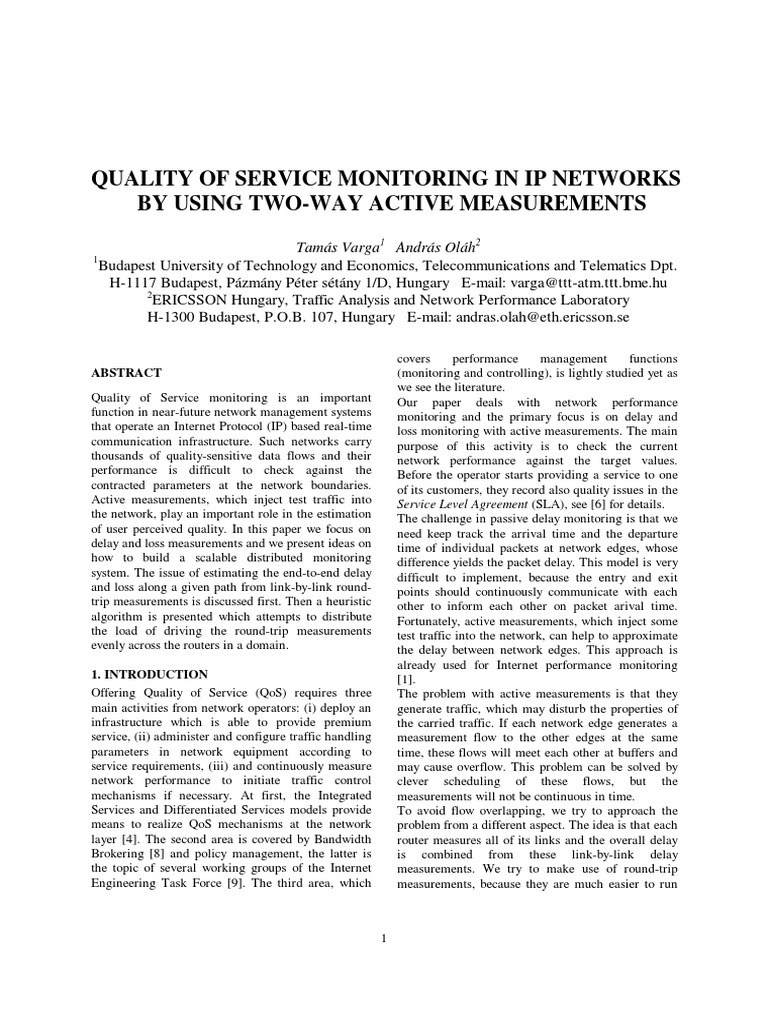 Quality of Service Monitoring in Ip Networks by Using Two-Way Active Measurements | PDF ...