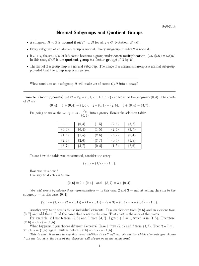 Normal Subgroups and Quotient Groups: You Add Cosets by Adding Their Representatives | PDF ...