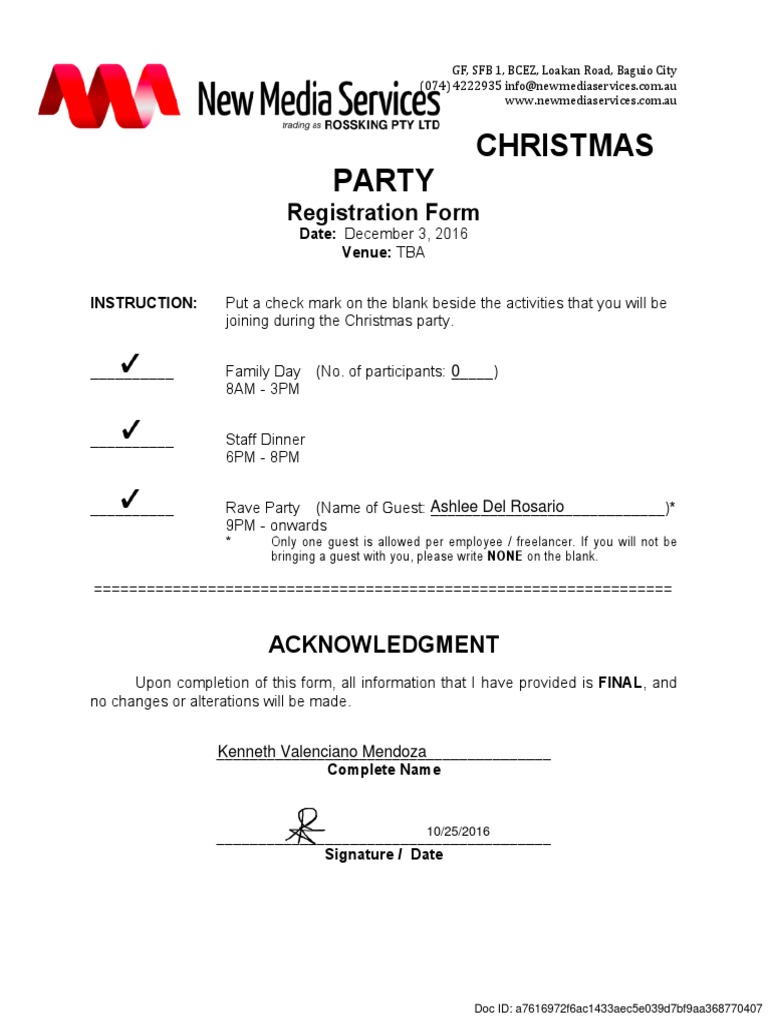Christmas Party Registration Form | PDF