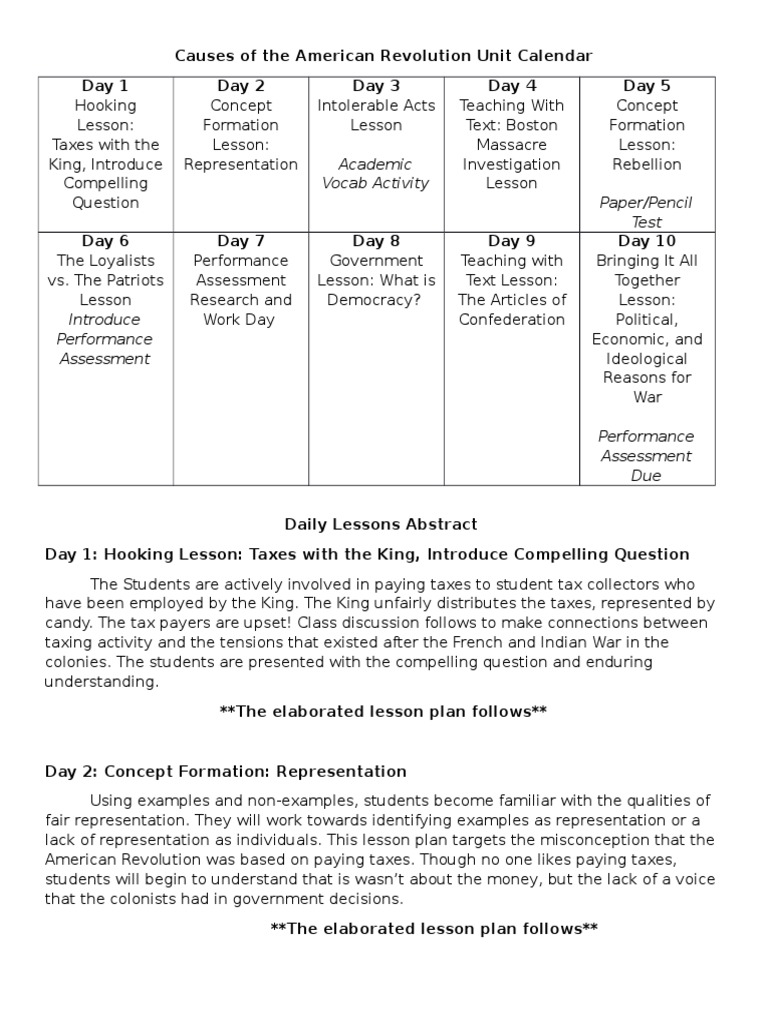 Causes of The American Revolution Unit Calendar | PDF | American ...