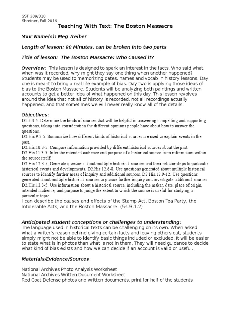 Boston Massacre Bias Lesson Plan | PDF | Document | Educational Assessment
