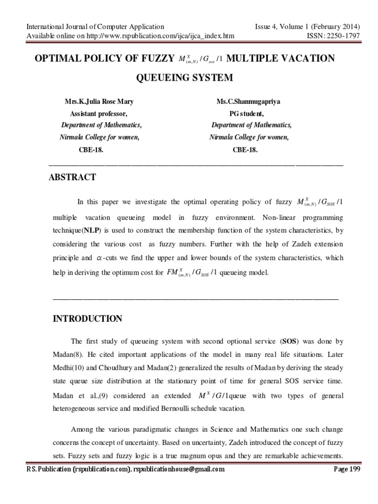 Optimal Policy of Fuzzy Multiple Vacation Queueing System | PDF | Fuzzy Logic | Mathematical ...