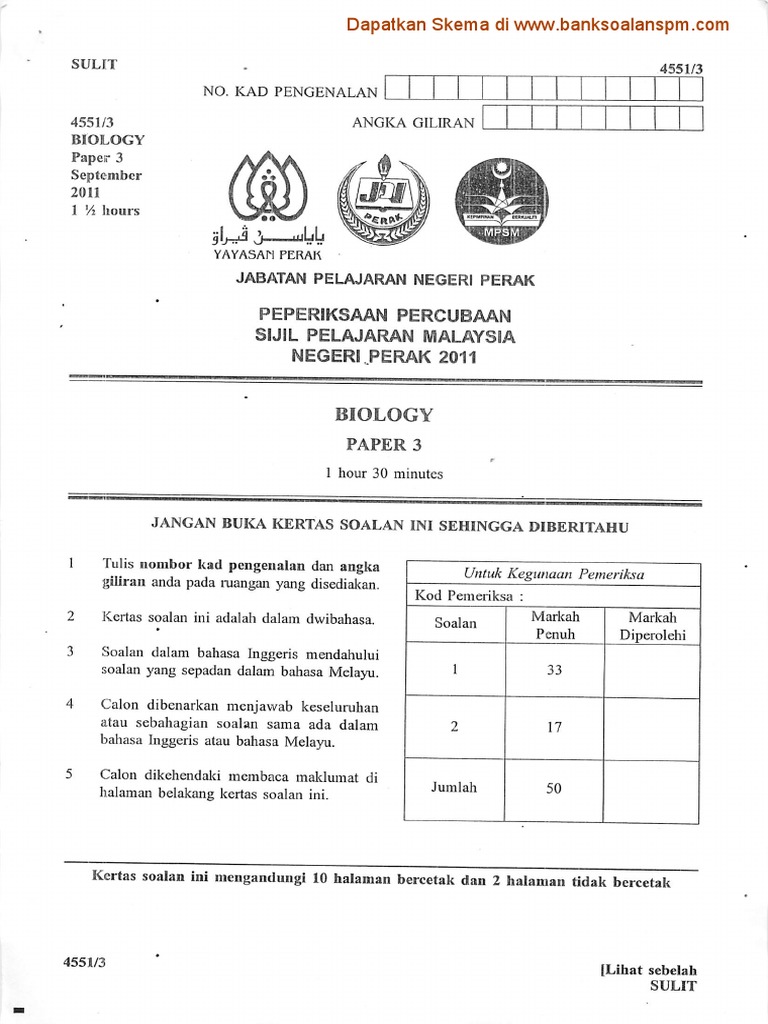 Soalan Biologi Kertas 3 Percubaan SPM Perak 2011 PDF | PDF