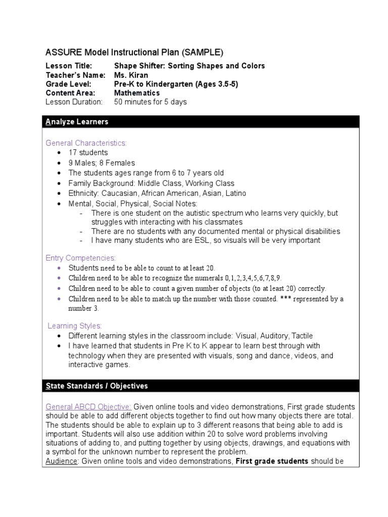 ASSURE Model Instructional Plan (SAMPLE) | Download Free PDF ...