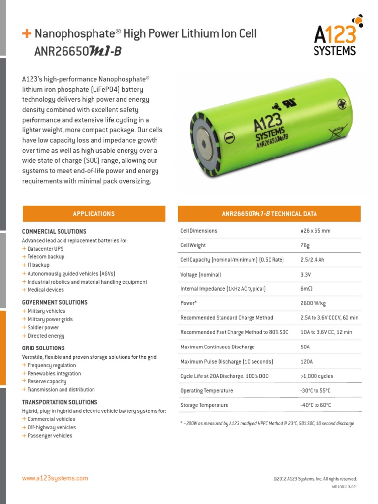 A123 Datasheet - 26650m1b | PDF