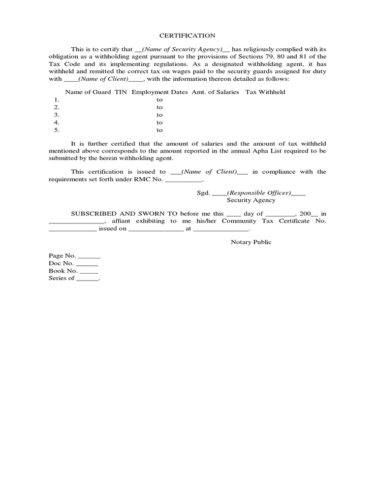 Notarized Certification From Security Agency | PDF | Withholding Tax ...