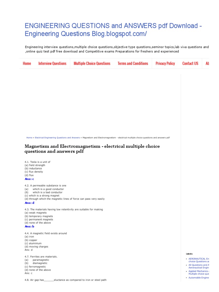 Magnetism and Electromagnetism - Electrical Multiple Choice Questions ...