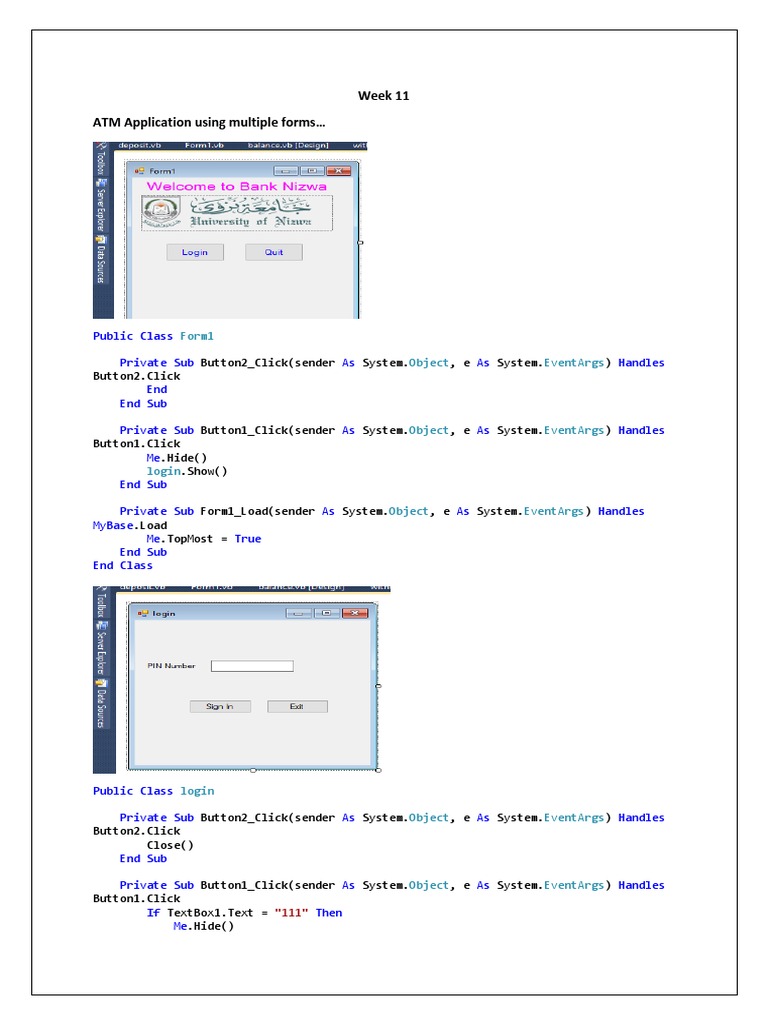 Week 11 Atm Application Using Multiple Forms : Form1 Object Eventargs | PDF | Visual Basic .Net ...