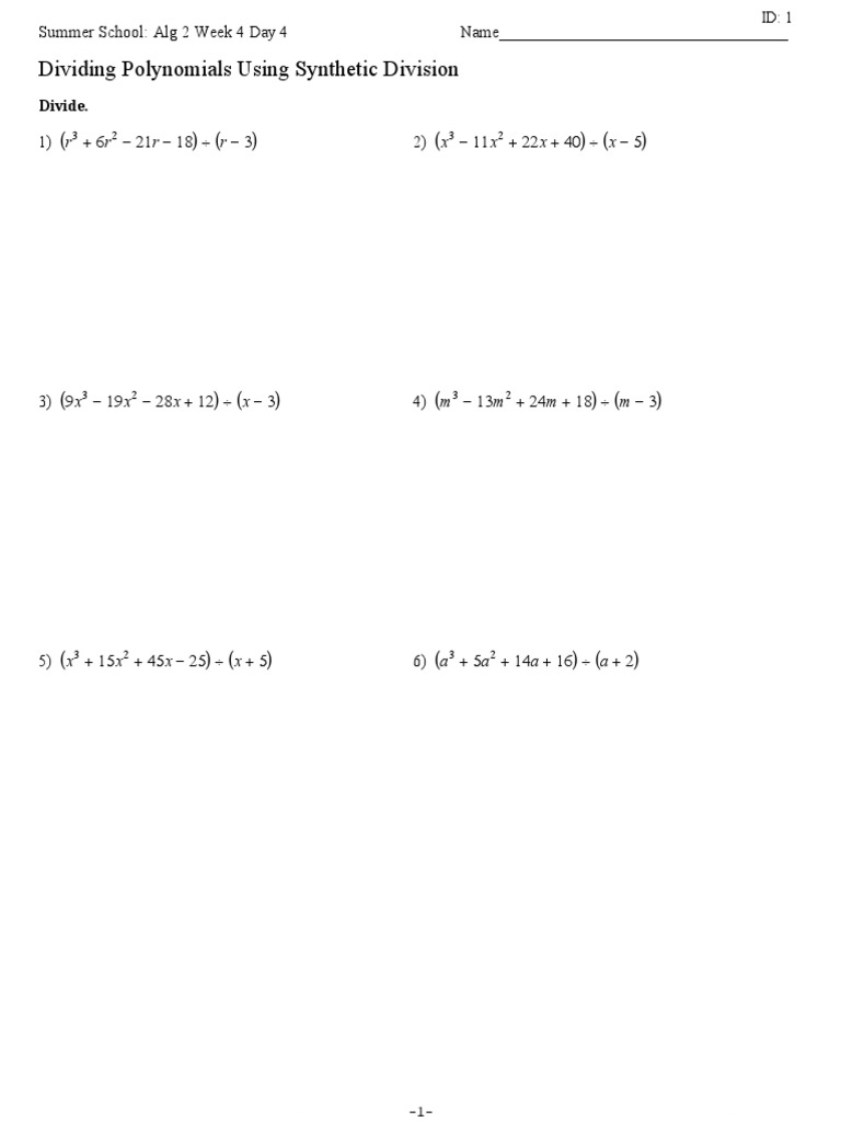 Synthetic Division Practice Worksheet | PDF