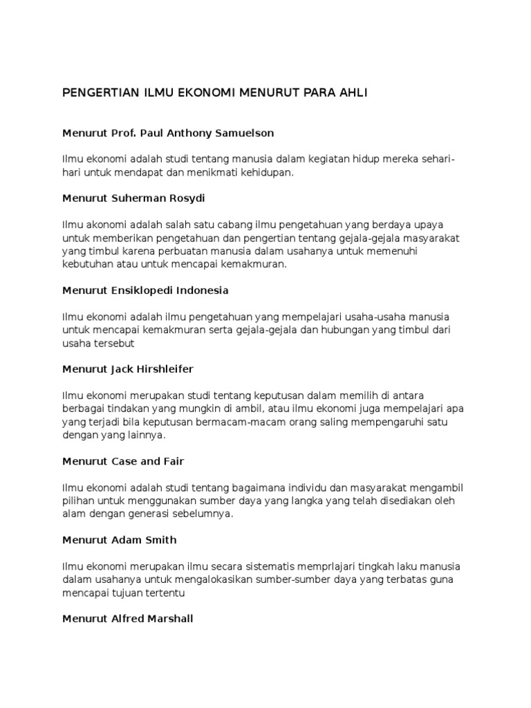 Pengertian Ilmu Ekonomi Menurut para Ahli | PDF